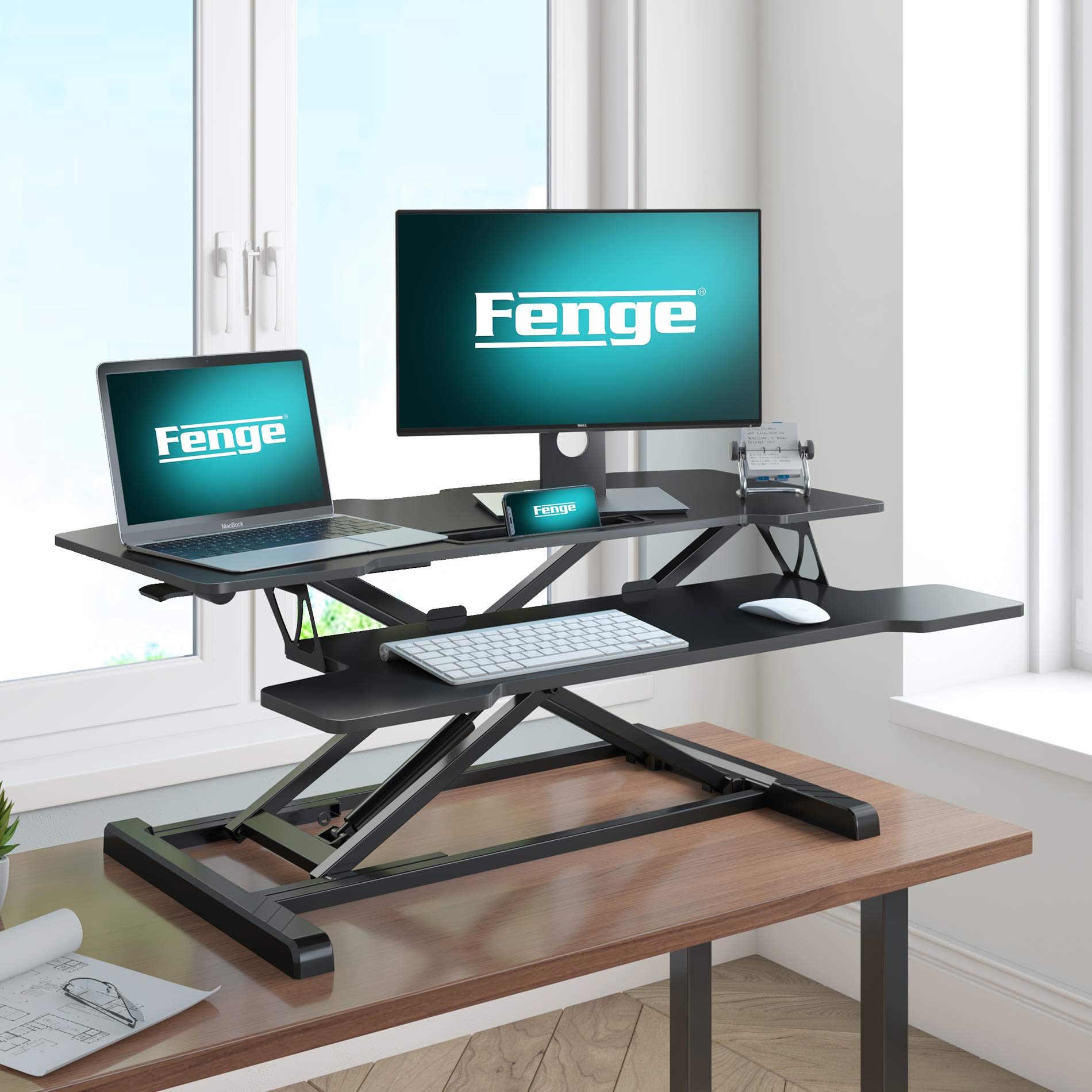 FENGE Height Adjustable Standing Desk Converter 36" Wide Sit to Stand Up Desk with Organizer Area for Dual Monitors SD360001WB