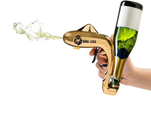 Dura Luxa Champagne Bubbly Wine Beer Alcohol and New Generation Adjustable Gold Gun Blaster Dispenser with Wine Stoppers Accessory - Bottle Opener Included