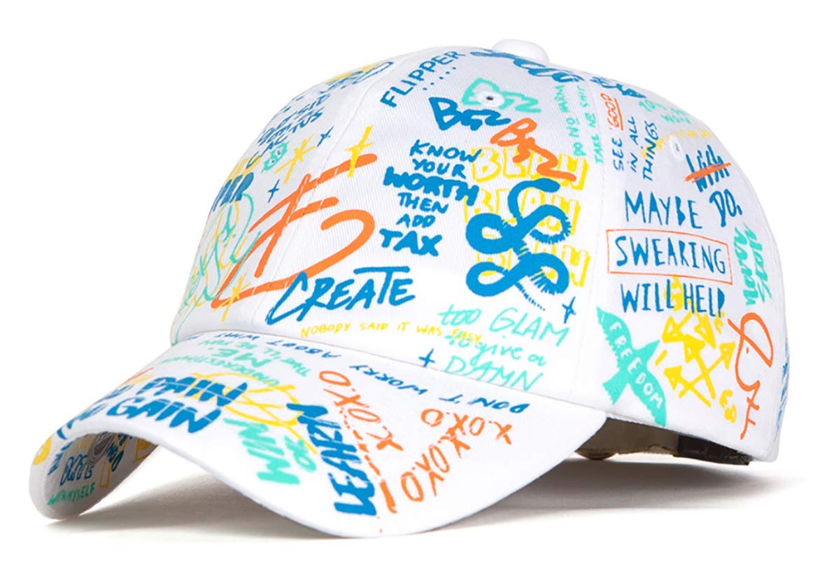 Flipper New Version of Designer Multi Colors Doodle Sketch Graffiti Cotton Baseball Cap K-pop Korean Dad Hat, (White, Large ~ X-Large (23 1/8" ~ 23 7/8"))