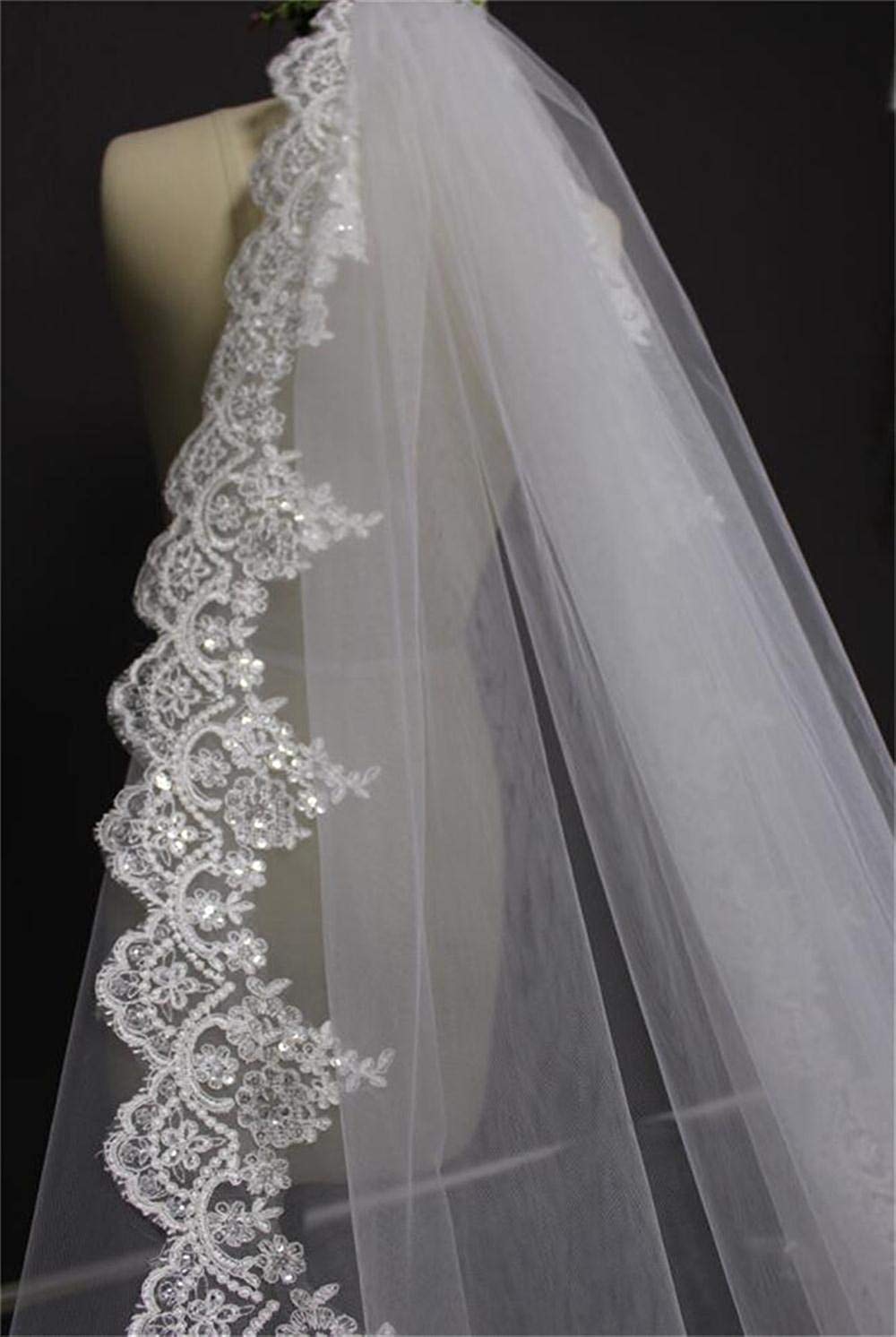 Faithclover Wedding Veils White 1 Tier Sequins Lace Cathedral Long with Comb, Ivory, 3 Meter