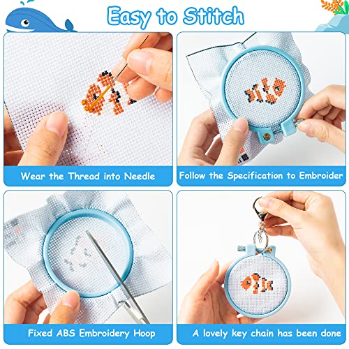 WATINC 5Pcs Embroidery Kit for Kids Stamped Cross Stitch DIY Key Chain with Sea Animals Patterns Needlepoint Starter Kits Ocean Animal Themed Educational Craft Supplies for Beginners Adults Schoolbag