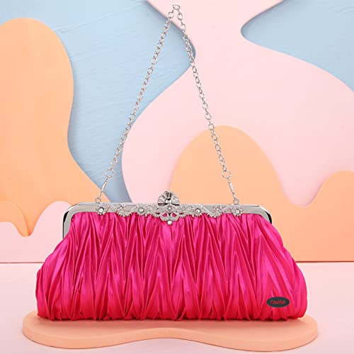 Fawziya Evening Clutch Satin Pleated Rhinestone Novelty Oversized Purses For Women Formal-Fuchsia
