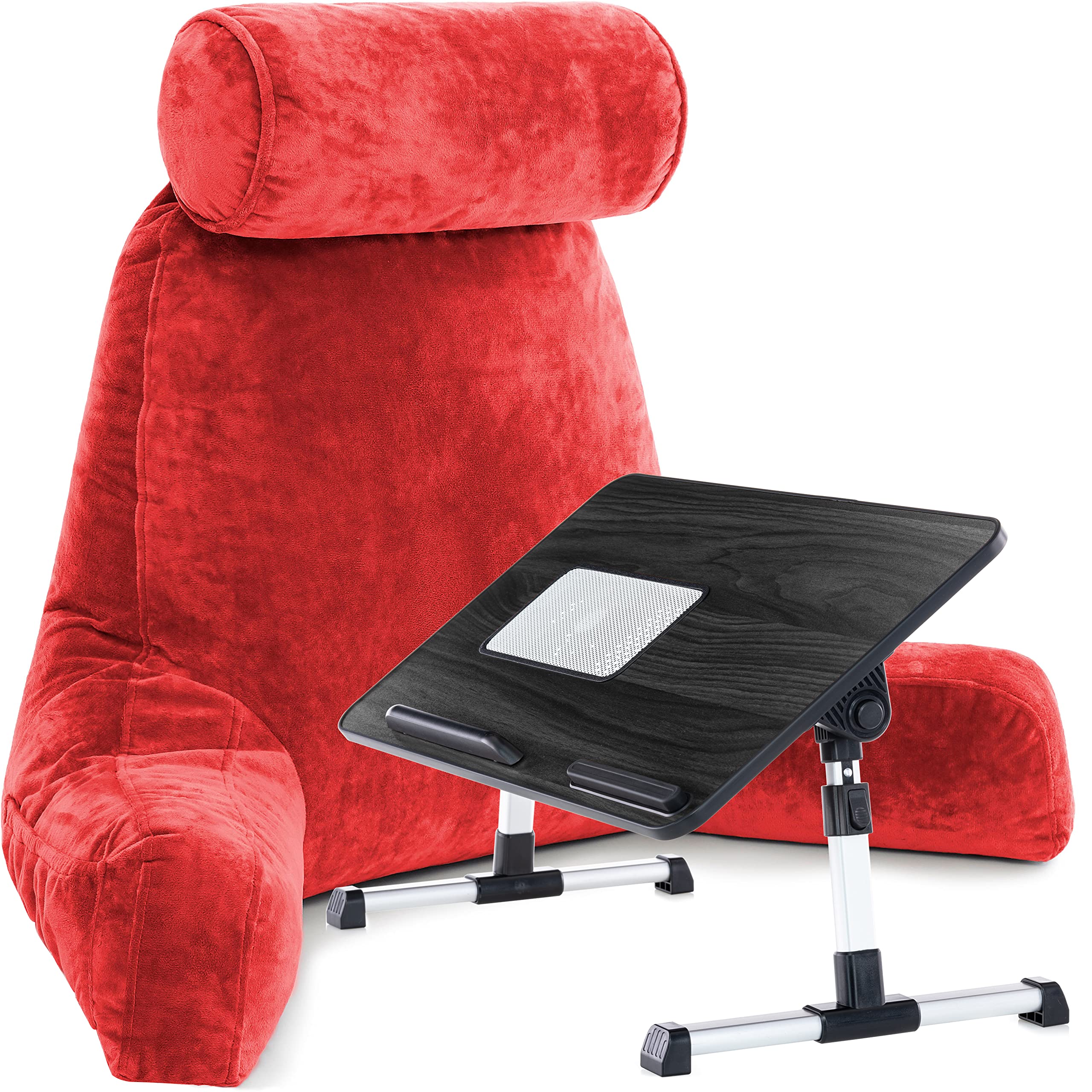 Husband Pillow Combo - Backrest Pillow with Arms : XXL Red & Lap Desk Bed Tray : Grey - Memory Foam Reading Pillows for Bed w/Removable Neck Roll & Laptop Bed Tray Table