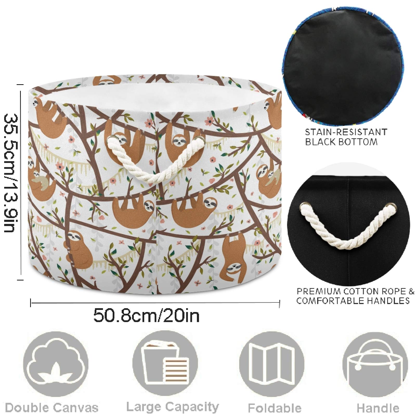 visesunny Collapsible Large Capacity Basket Funny Sloth On The Branches Animal Clothes Toy Storage Hamper with Durable Cotton Handles Home Organizer Solution for Bathroom, Bedroom, Nursery, Laundry,Cl
