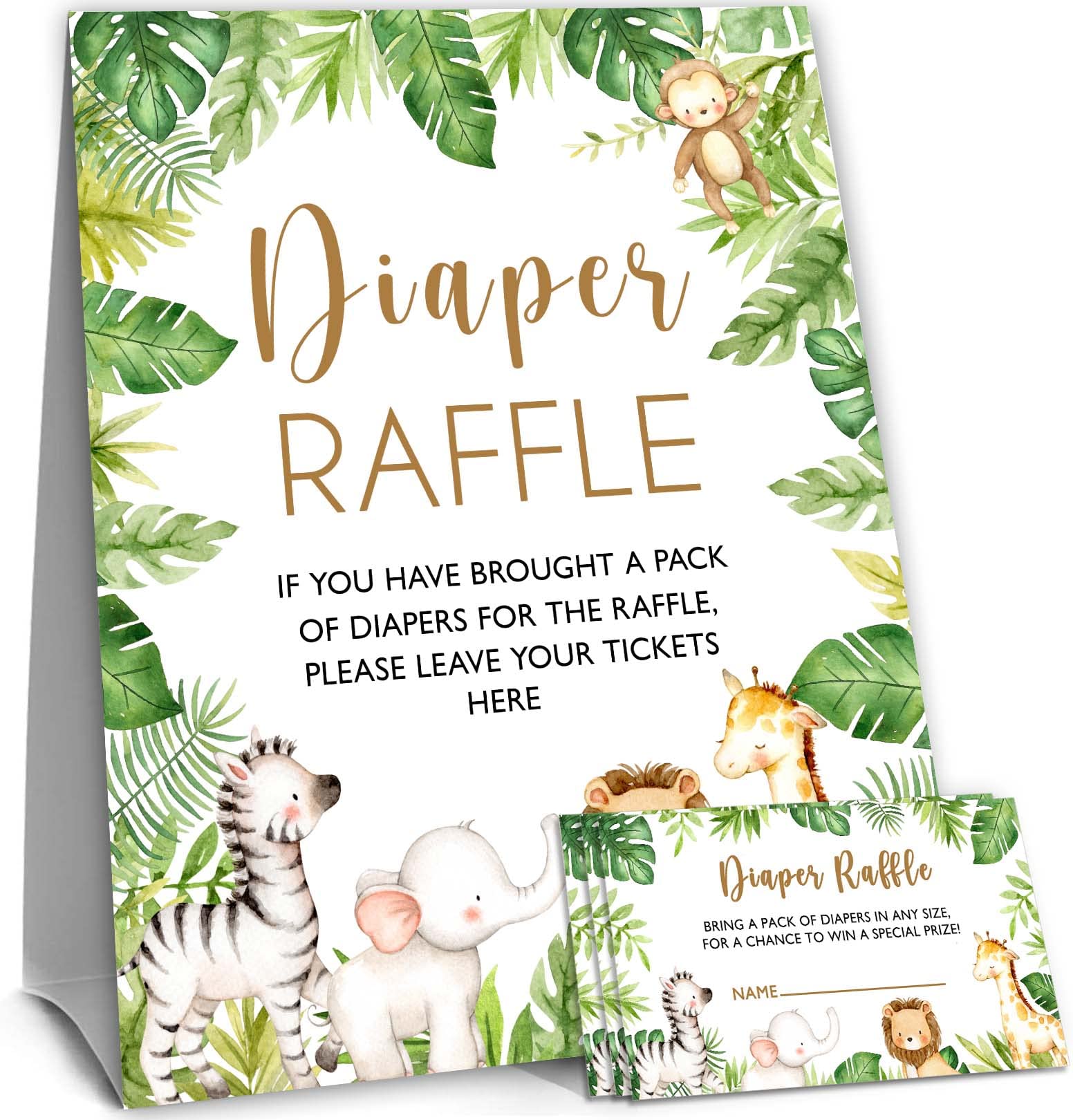Yuzioey Safari Diaper Raffle Tickets and Sign, Jungle Animals Baby Shower Game Cards, 1 Standing Sign & 50 Tickets, Diaper Raffle Tickets for Safari Gender Neutral Baby Shower