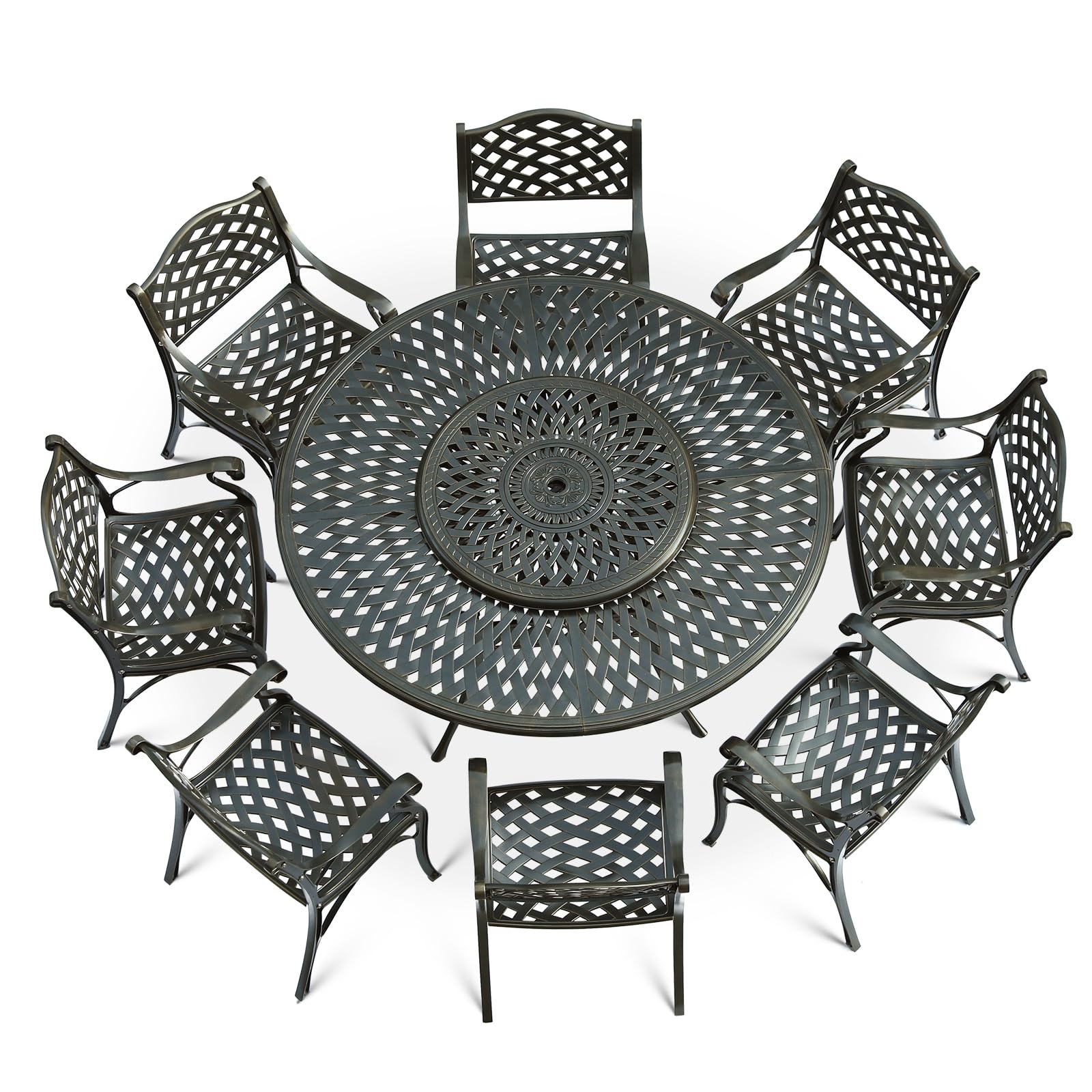 VIVIJASON 9-Piece Patio Dining Set, Rust-Free Cast Aluminum Outdoor Furniture Set, 8 Patio Dining Chairs and 61" Round Dining Table with 31" Lazy Susan, Umbrella Hole for Backyard, Patio, Garden