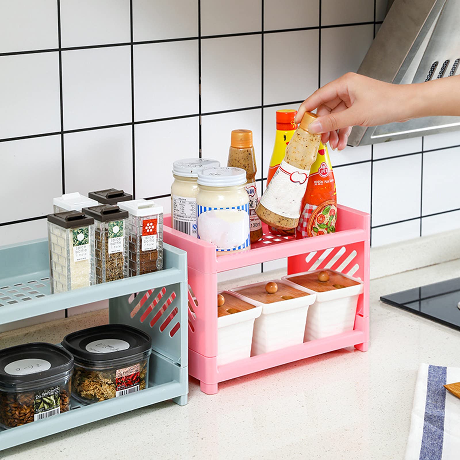 XINGWANG Double-Layer Desktop Storage Rack, Foldable Office Stationery Storage Rack,Kitchen Seasoning Storage Rack, Bathroom Cosmetic Storage Rack (Pink, 2-Layer)