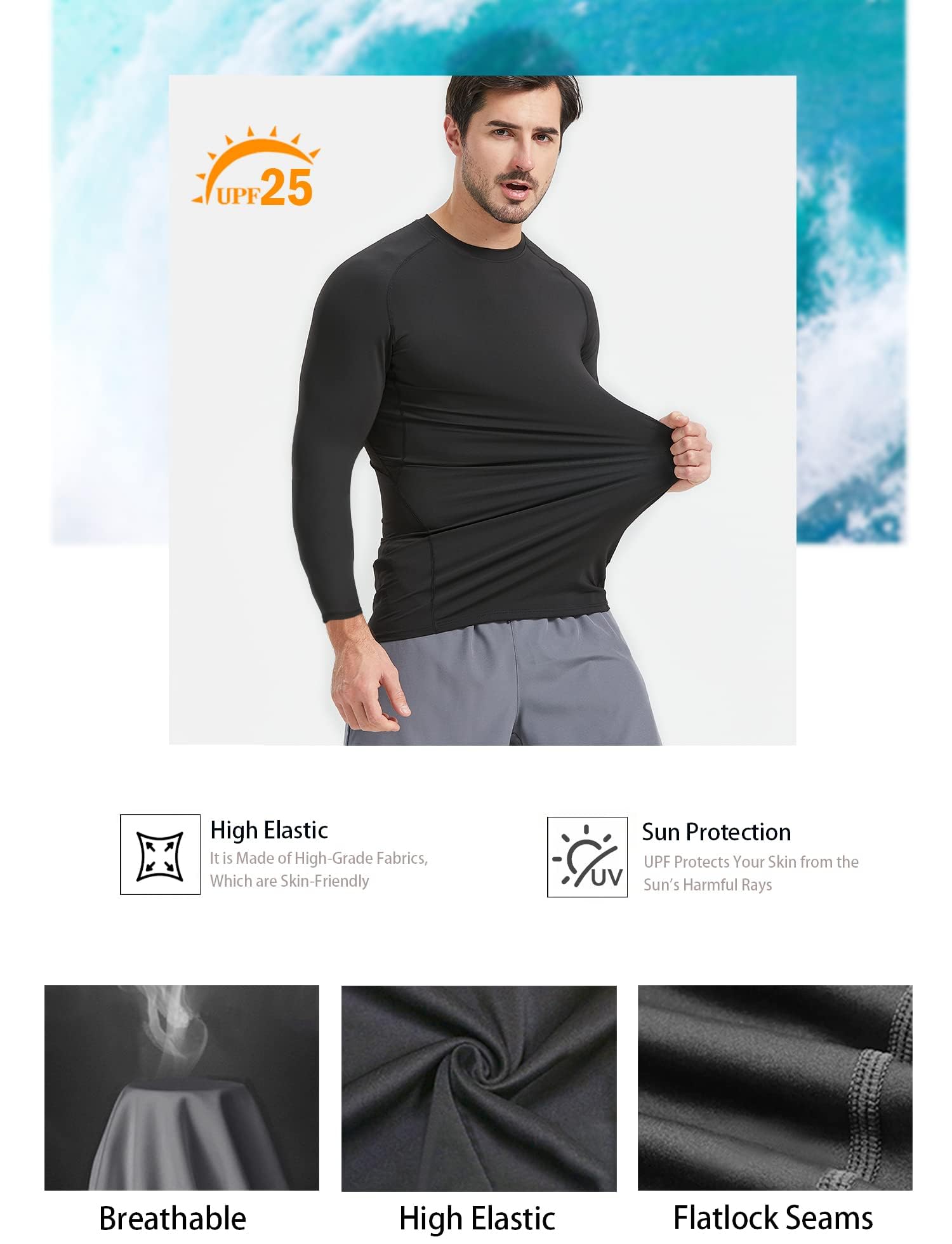 HOPLYNN 5 Pack Compression Shirts Men Long Sleeve Rash Guard Athletic Baselayer Undershirt Gear Tshirt for Sports Workout 2 Black 1 White 1 Blue 1Gray-M