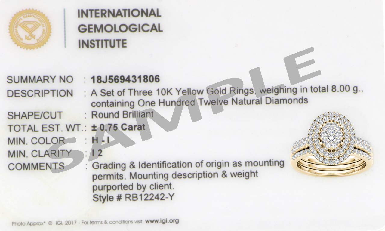 DZON IGI Certified 14k Yellow Gold 1 3/8 Carat TDW Diamond Three Stone Bridal Ring Set (I-J,I2)