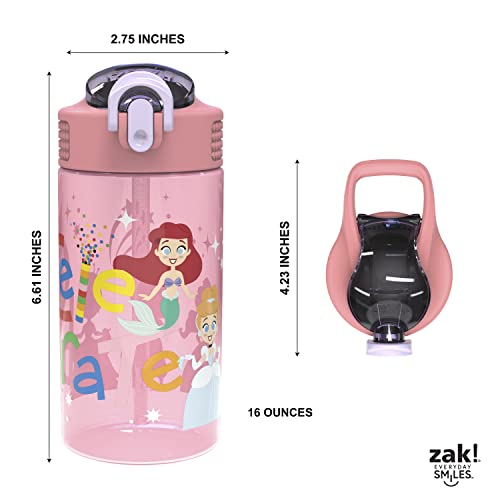 Zak Designs Kids Water Bottle For School or Travel, 16oz 2-Pack Durable Plastic Water Bottle With Straw, Handle, and Leak-Proof, Pop-Up Spout Cover (Disney 100 Princess, Limited Edition)