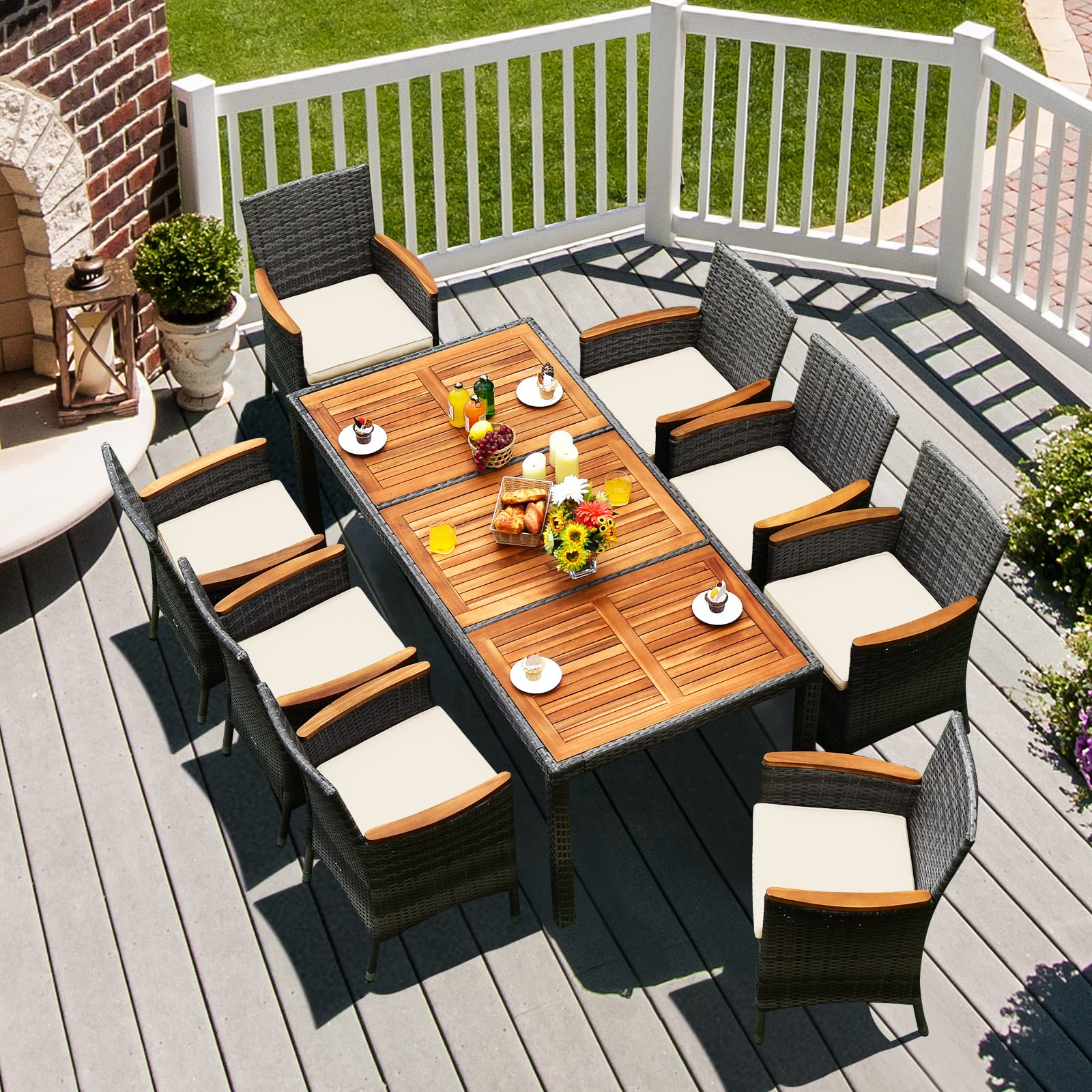 Toolsempire Patio Dining Set Outdoor Dining Set, 9 Pieces Wicker Patio Furniture Set with Acacia Wood Table and Chairs, Garden Dining Table Set for Backyard, Desk, Poolside, Christmas(Grey)