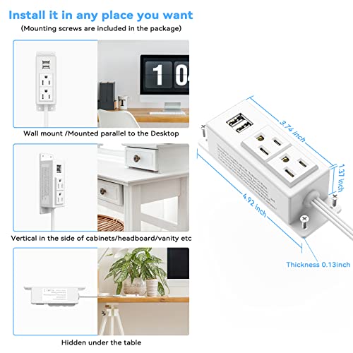 Kungfuking Power Strip with USB, Wall Mountable Socket Surge Protector Power Strip with 2 AC Outlets and 2 USB Charging Ports White Extension Cord 6.56 FT, Flat Plug
