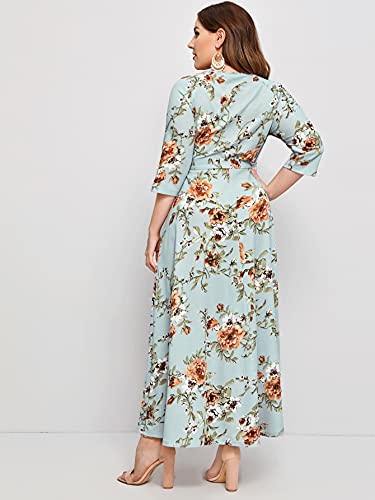 WDIRARA Women's Plus Size Floral Print Round Neck Belted A Line Flared Dress Mint Green 1XL
