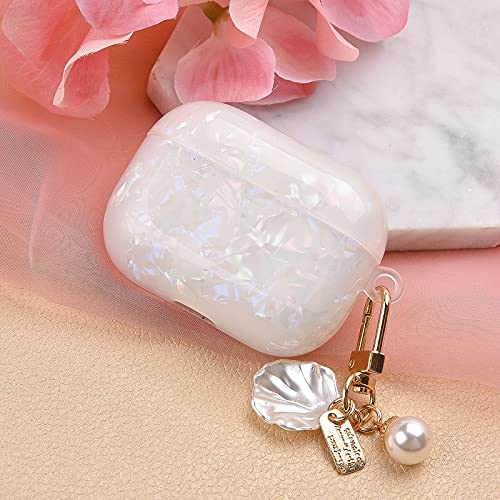 Luxury AirPods 3 Case with Shell Pearl Keychain Bling Marble Design Hard TPU Cover Compatible with AirPods 3rd Generation Case for Girls and Womens