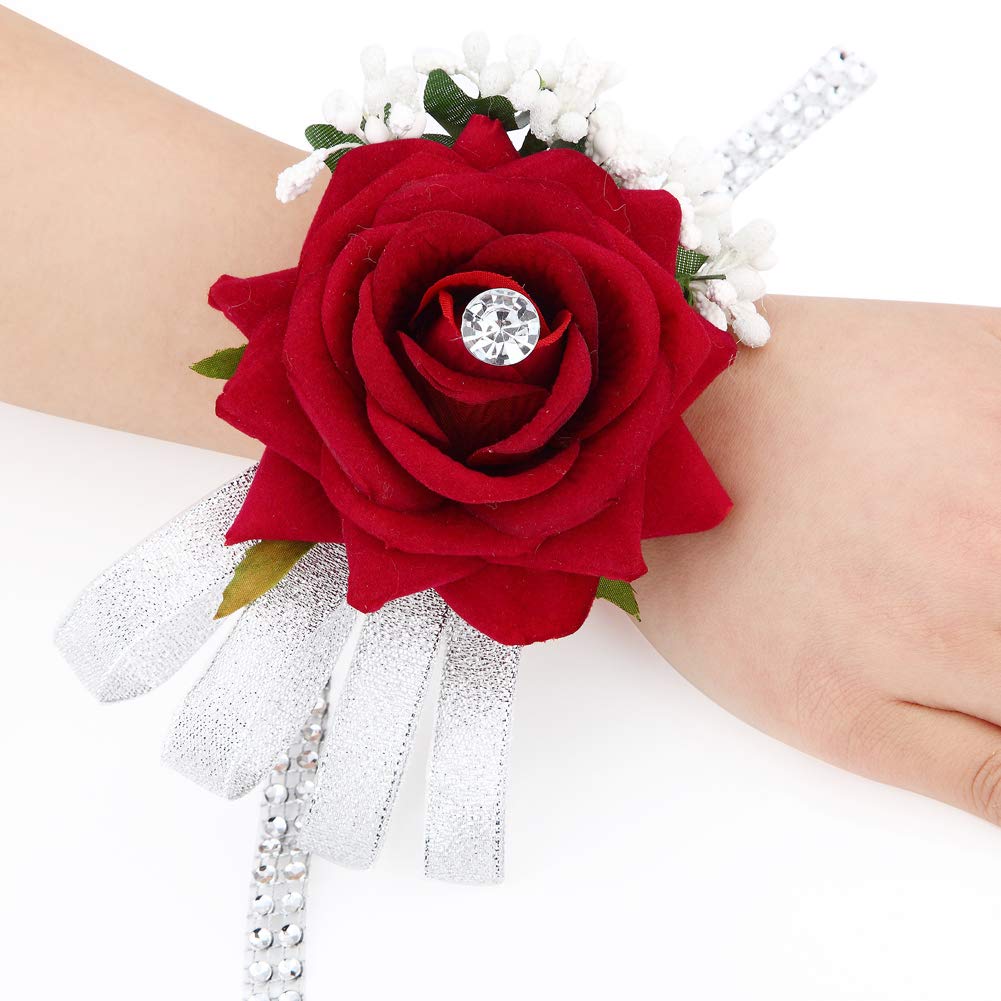 FAYBOX Wedding Prom Velvet Rose Rhinestone Corsage and Boutonniere Set With Silvery Ribbon Stretch Bracelet (Red*2)