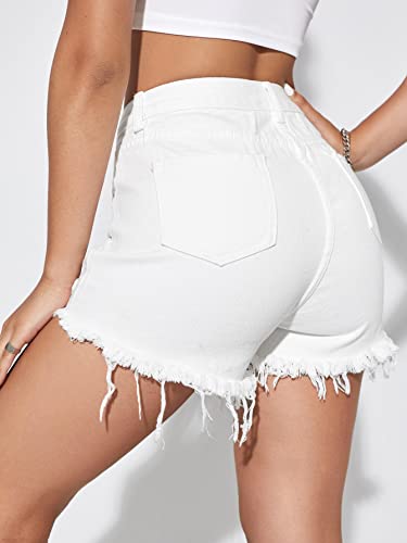 WDIRARA Women's Mid Rise Raw Hem Distressed Ripped Casual Denim Shorts Snow White M
