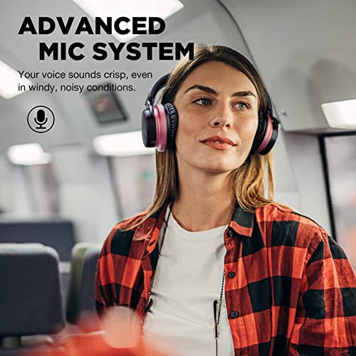 PurelySound E7 Active Noise Cancelling Headphones, Wireless Over Ear Bluetooth Headphones, 20H Playtime, Rich Deep Bass, Comfortable Memory Foam Ear Cups for Travel, Home Office -Pink