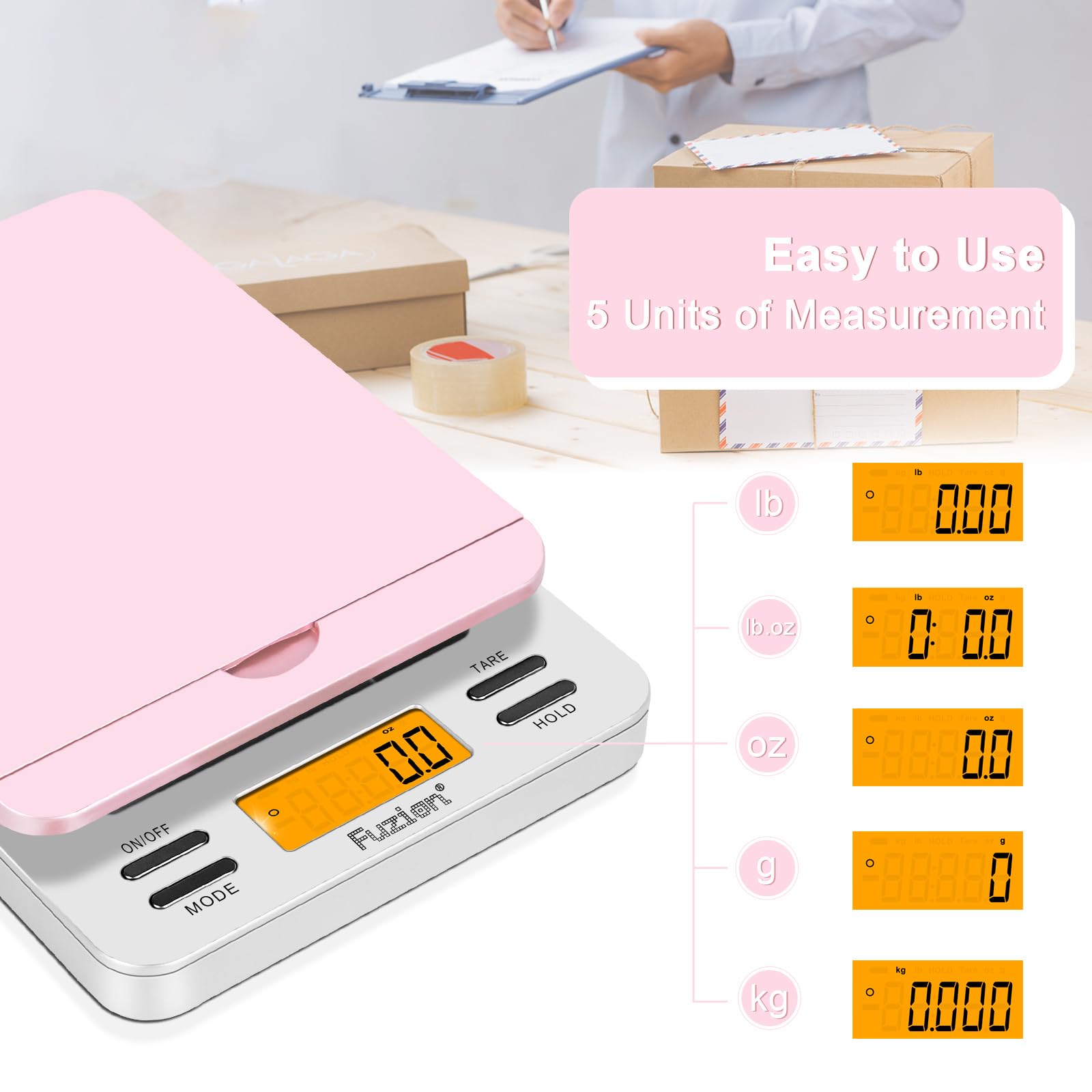 Fuzion Shipping Scale, Accurate Digital Postal Scale 86 lb/0.1 oz with Hold and Tare Function, LCD Display, Auto-Off, Postage Scale for Packages and Mailing, Battery & DC Adapter Included