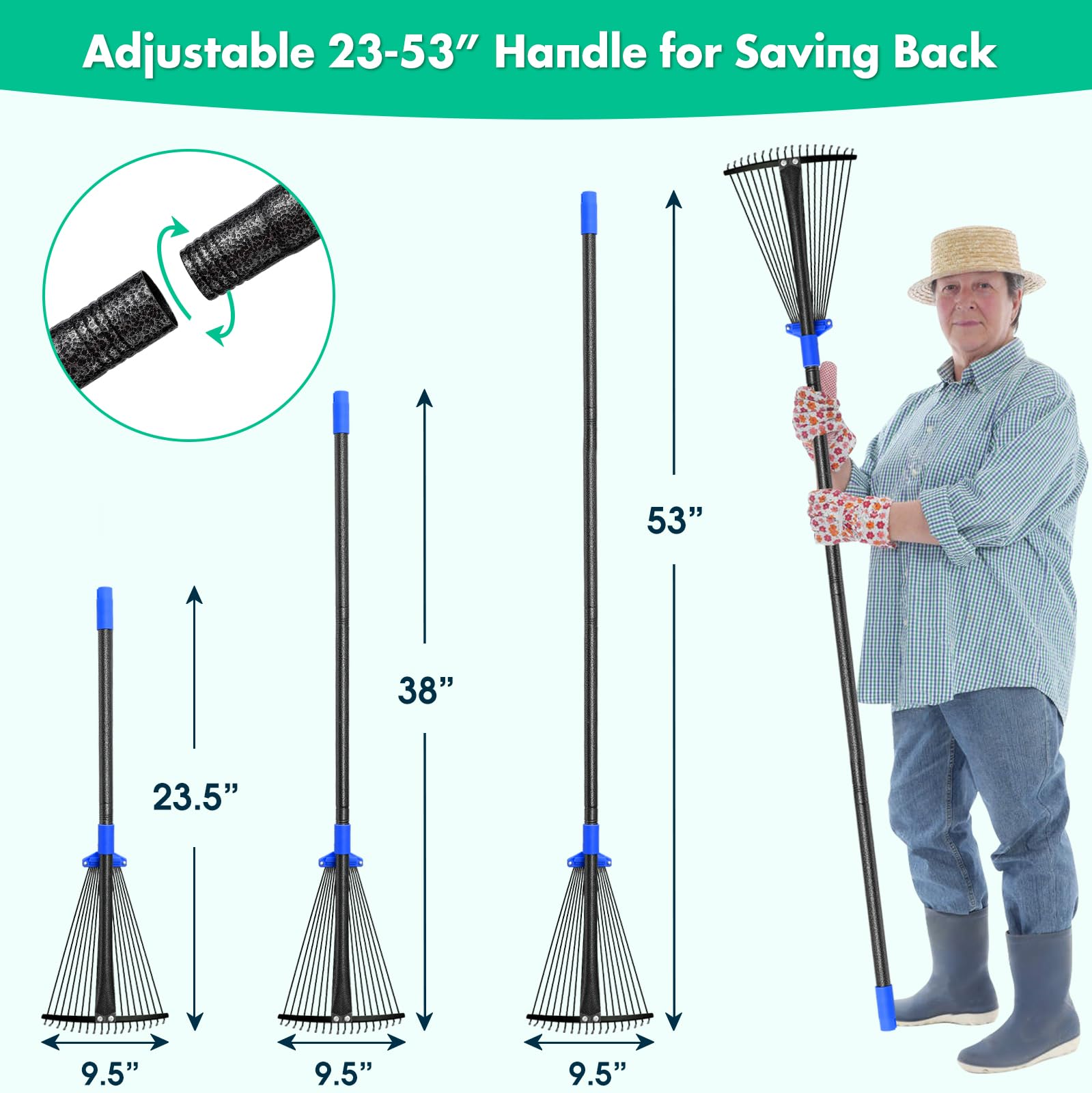 Garden Leaf Rake with Expandable Head from 9.5 inch to 17 inch, Collapsible Lawn Rake with Adjustable 53 Inch Splicing Handle, Heavy Duty Metal Rake for Lawn Yard, Flowers Beds and Roof