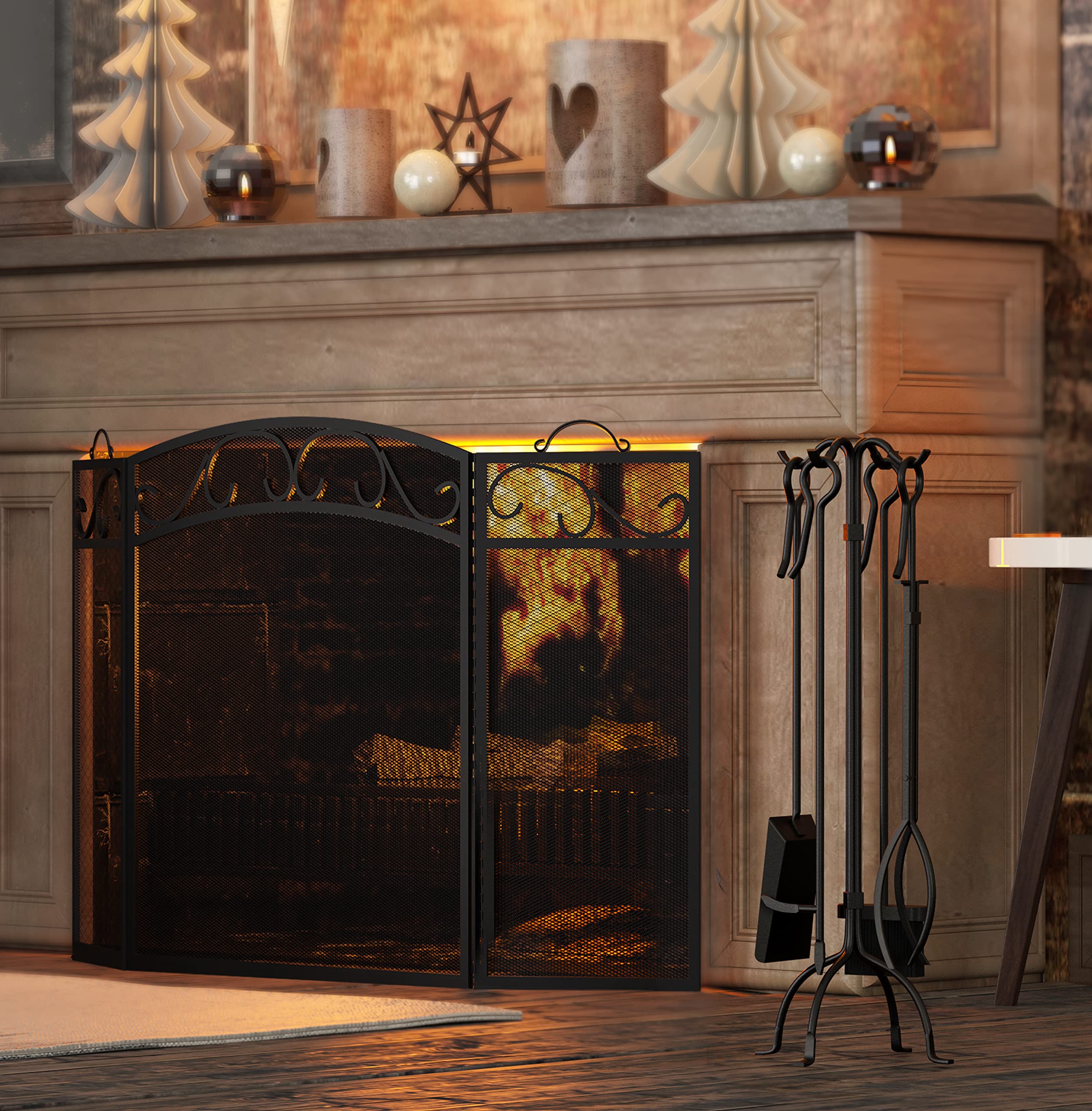 Fire Beauty 5-Piece Fireplace Tools Set, Heavy Duty Wrought Iron Fire Place Toolset, Black