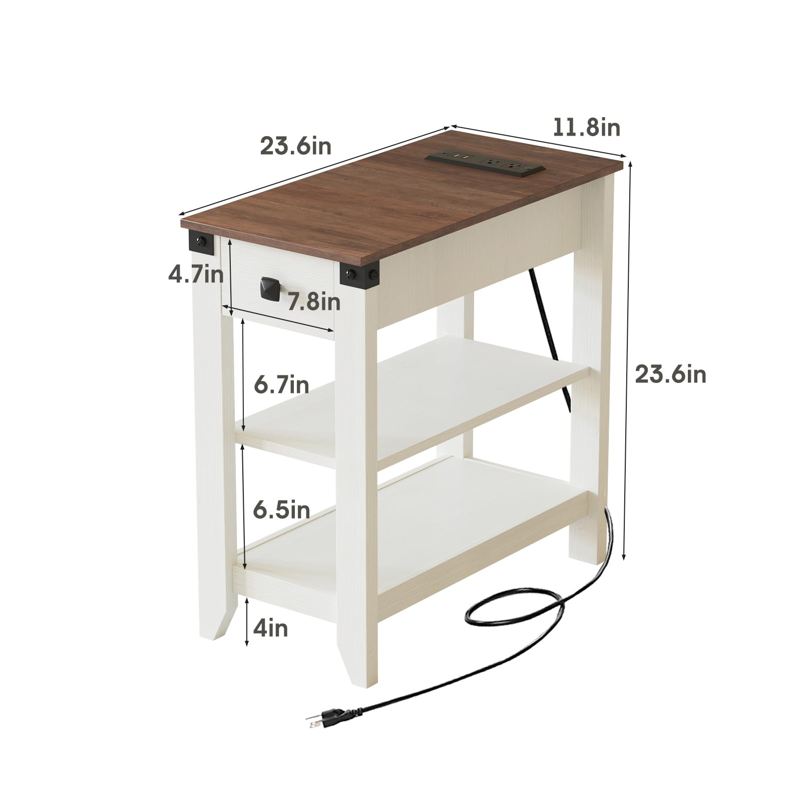 Fameill End Tables Living Room Set of 2, Narrow Side Table with Charging Station, Small Bedside Table for Small Space, Skinny Nightstand with Storage Drawer, White
