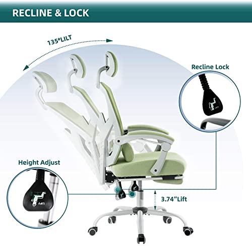Sweetcrispy Swivel Rolling Padded Armrests Headrest, High Back Lumbar Pillow and Retractable Footrest Ergonomic Home Office, Height Adjustable Reclining Mesh Chair, Green