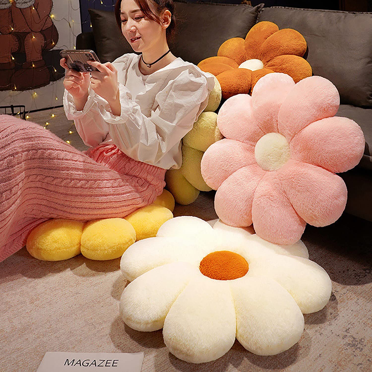 Imitation Rabbit Fur Petal Cushion Office Chair Cushion Bedroom Bay Window Cushion Sofa Cushion.Vikcewn. (15 inches (About 38CM), Pink)