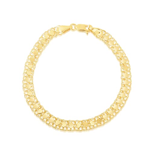 Floreo 10k Yellow Gold Small Mirror Heart Charms on Double Link Bracelet, 7 inch
