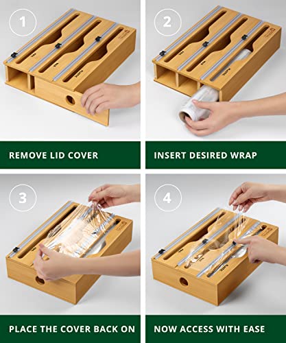 ROYAL CRAFT WOOD Bamboo Kitchen Drawer Organizer with 3 Slots for Food Storage Containers, Kitchen Foil, and Plastic Wrap β Includes Cutter