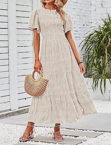 ZESICA Women's 2023 Summer Casual Floral Print Short Flutter Sleeve Crew Neck Smocked High Waist Flowy Maxi Dress,Beige,X-Large