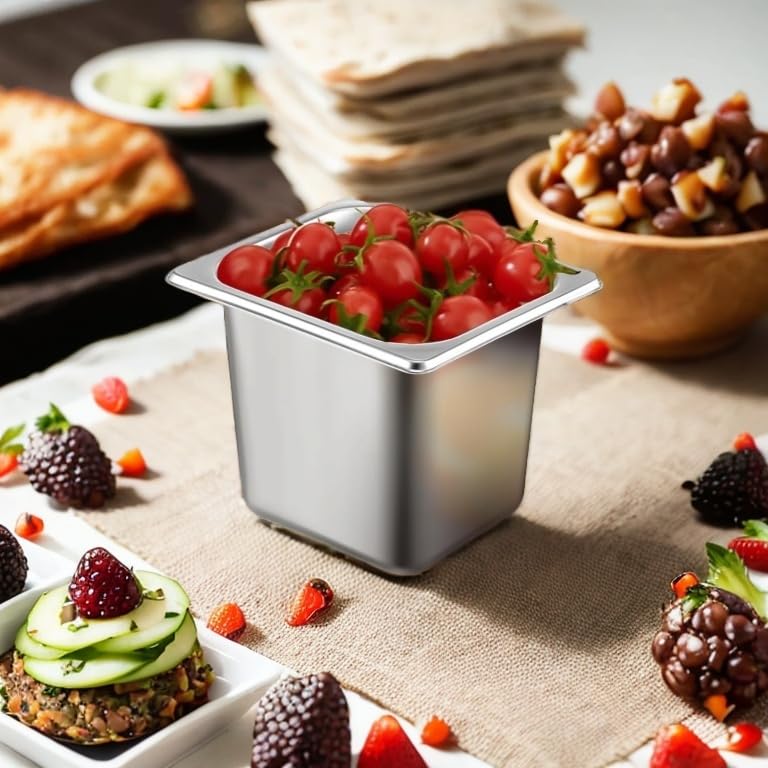 QWAQi 5 Pack Stainless Steel Hotel Pans,1/6 Size,6"" Deep Steam Table Pan,Commercial Food Storage Containers Stackable Metal Steamer Pan for Hotel Restaurant Buffet Party (1/6 Size x 6" Deep)