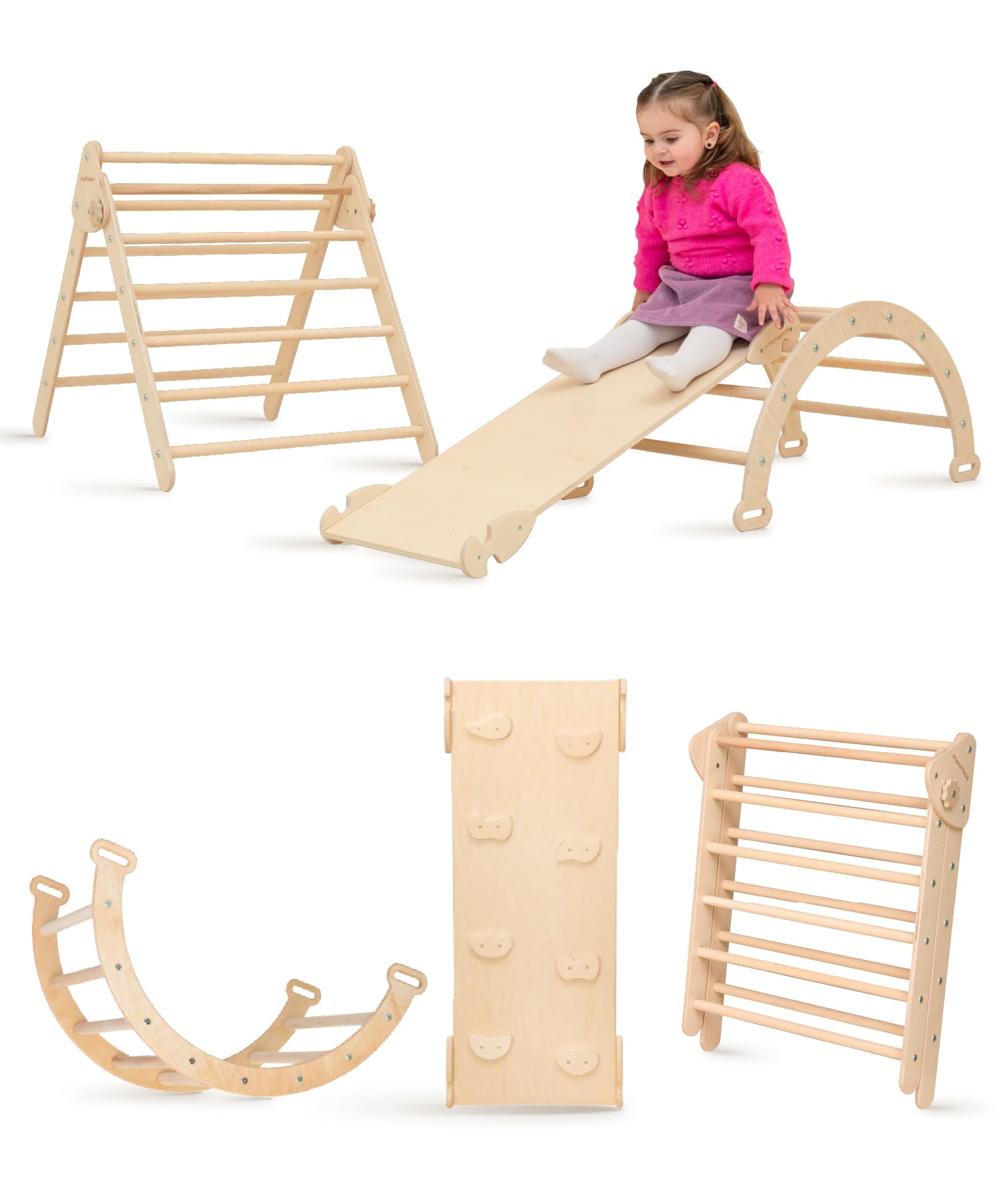 WoodandHearts Montessori Climbing Set, 3 Piece Climbing Gym, Indoor Climbing Gym, Set for Toddlers, Climbing Toys for Toddlers 1-3 Inside in Natural Wood Color (2-6 Years)