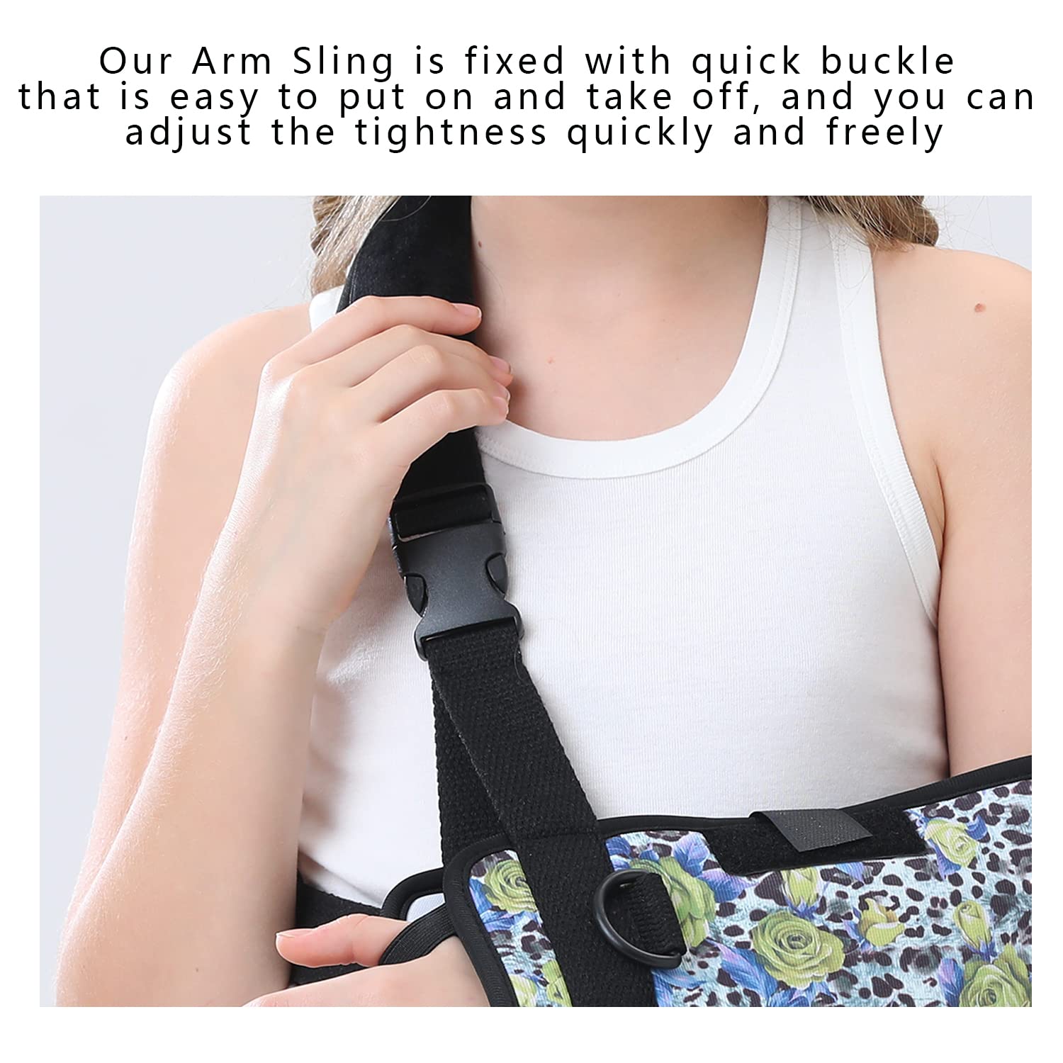 Fotgok Foam Arm Sling Shoulder Brace Support with Waist Strap Elbow Brace Arm Immobilizer Rotator cuff Support for Shoulder Injury for Kids, for Broken, Dislocated, Fracture, Green Rose Leopard, Large