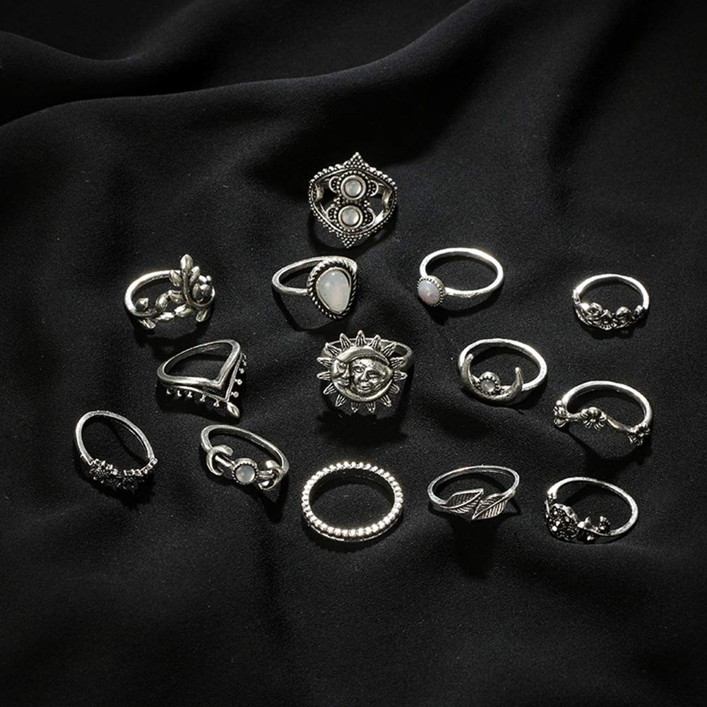 Eoumy Vintage Knuckle Ring Set for Women Retro Silver Hollow Carved Flowers Leaf Sun Moon Stackable Rings Set