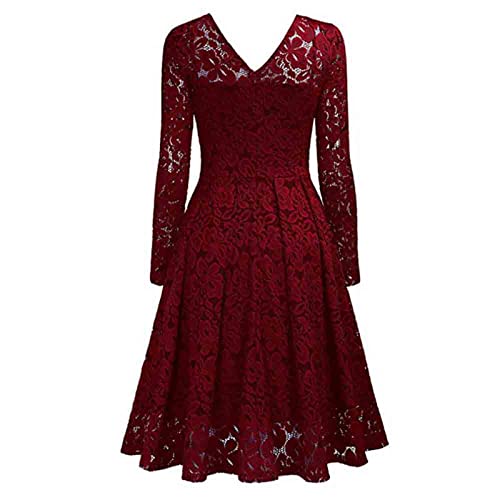 Flower Lace Swing Dress for Women Solid Color Splicing A-Line Dress Long Sleeve Deep V-Neck Loose Midi Dress