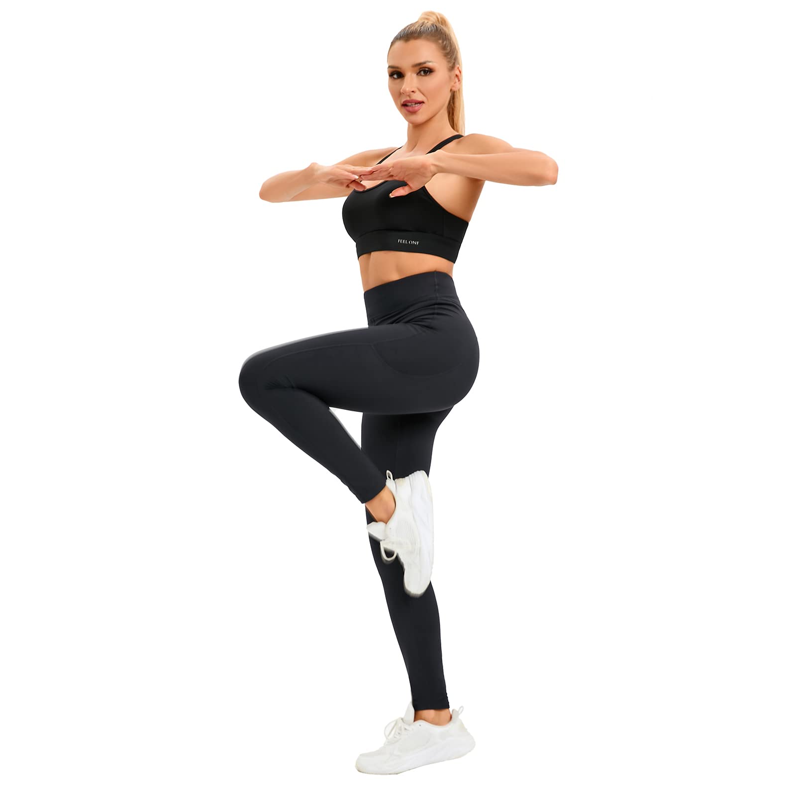 jorkolala Woman‘s Yoga Pants with Pockets Tummy Control, 4 Ways Stretch Workout Running Yoga Leggings Black
