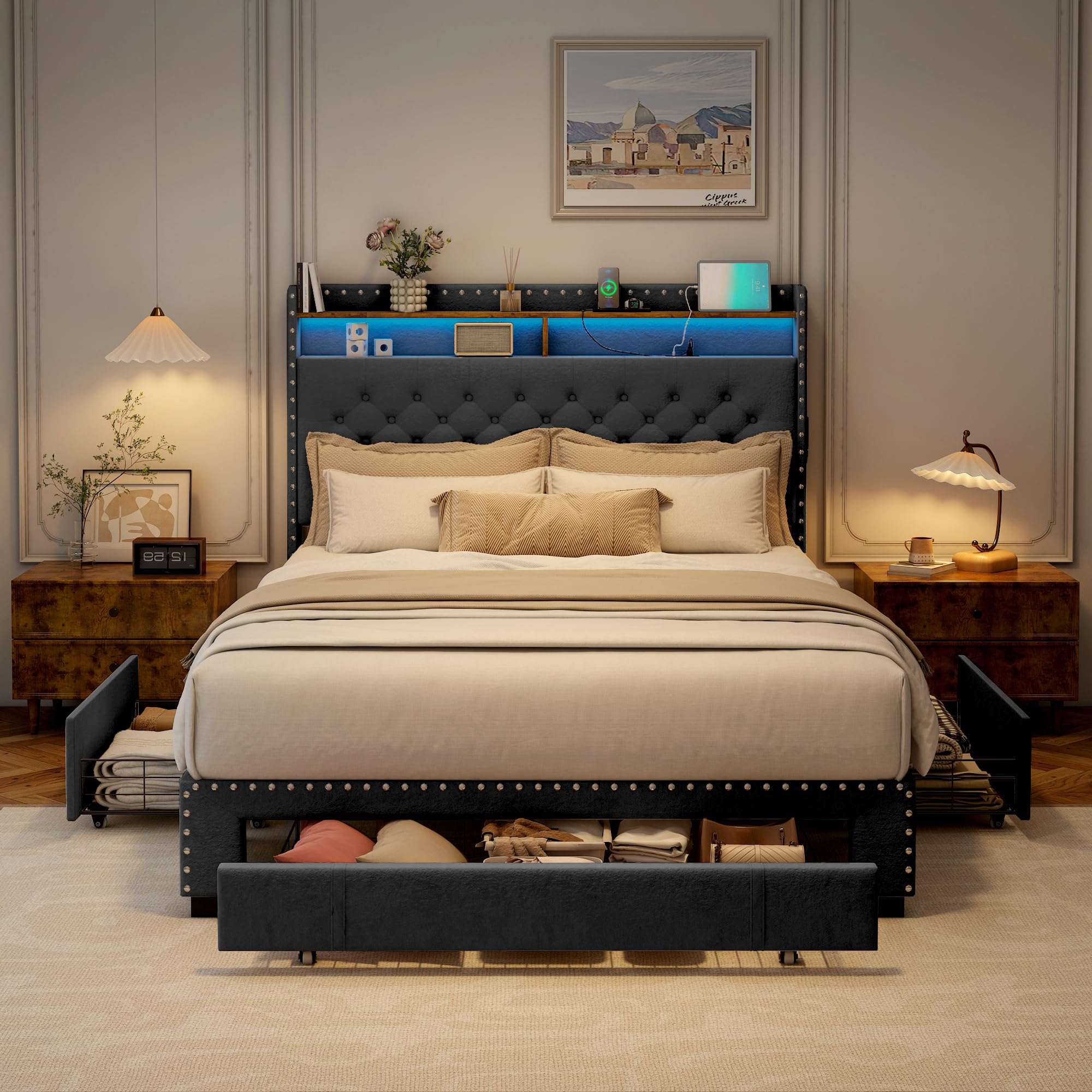 Neoriver Queen Size Bed Frame with 3 Drawers, 2-Tier Storage Headbord, Bed Frame with Storage, LED Lights and Charging Station, Upholstered Platform Bed Frame, Wood Slats Support (White, Queen)