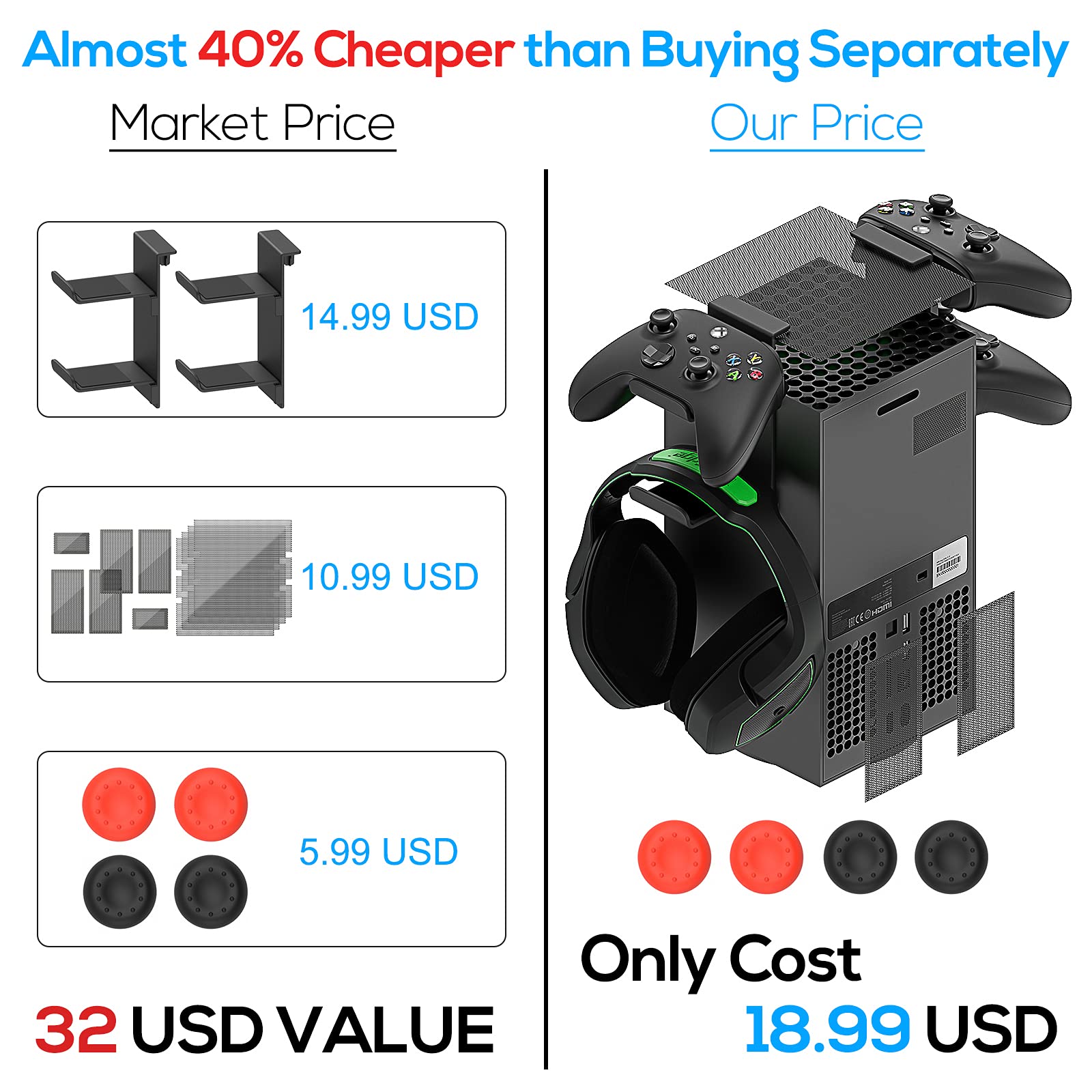 Dust Filter for Xbox Series X with Controller & Headphone Holder Stand, Top Case Dust Proof Cover Set with 2 Headset Mount Stand Holder for Xbox Series X Console