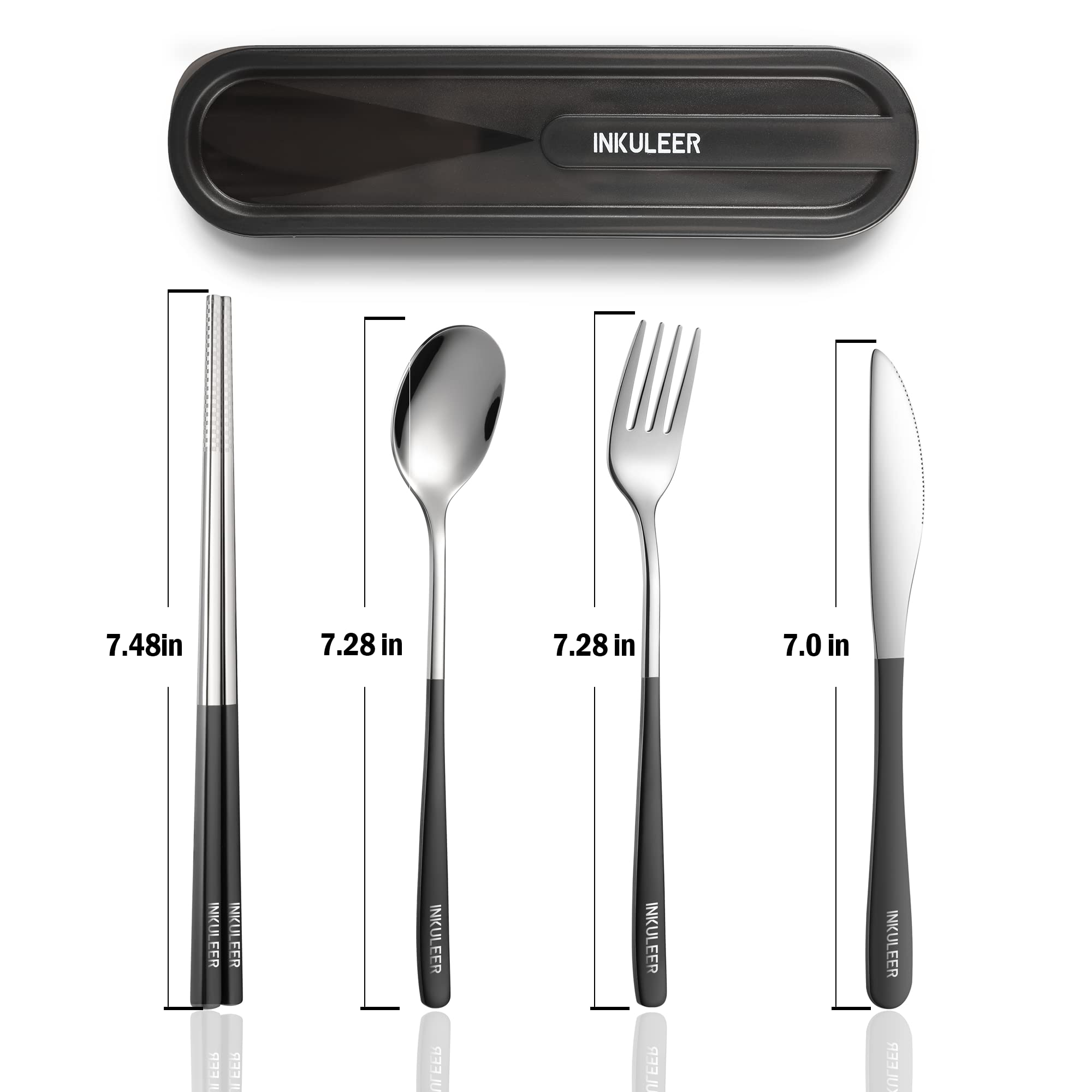 INKULEER Travel cutlery set, 18/8 stainless steel cutlery, Reusable utensils set with case, Portable Silverware Lunch Box for Camping and Office(Black/knife set)