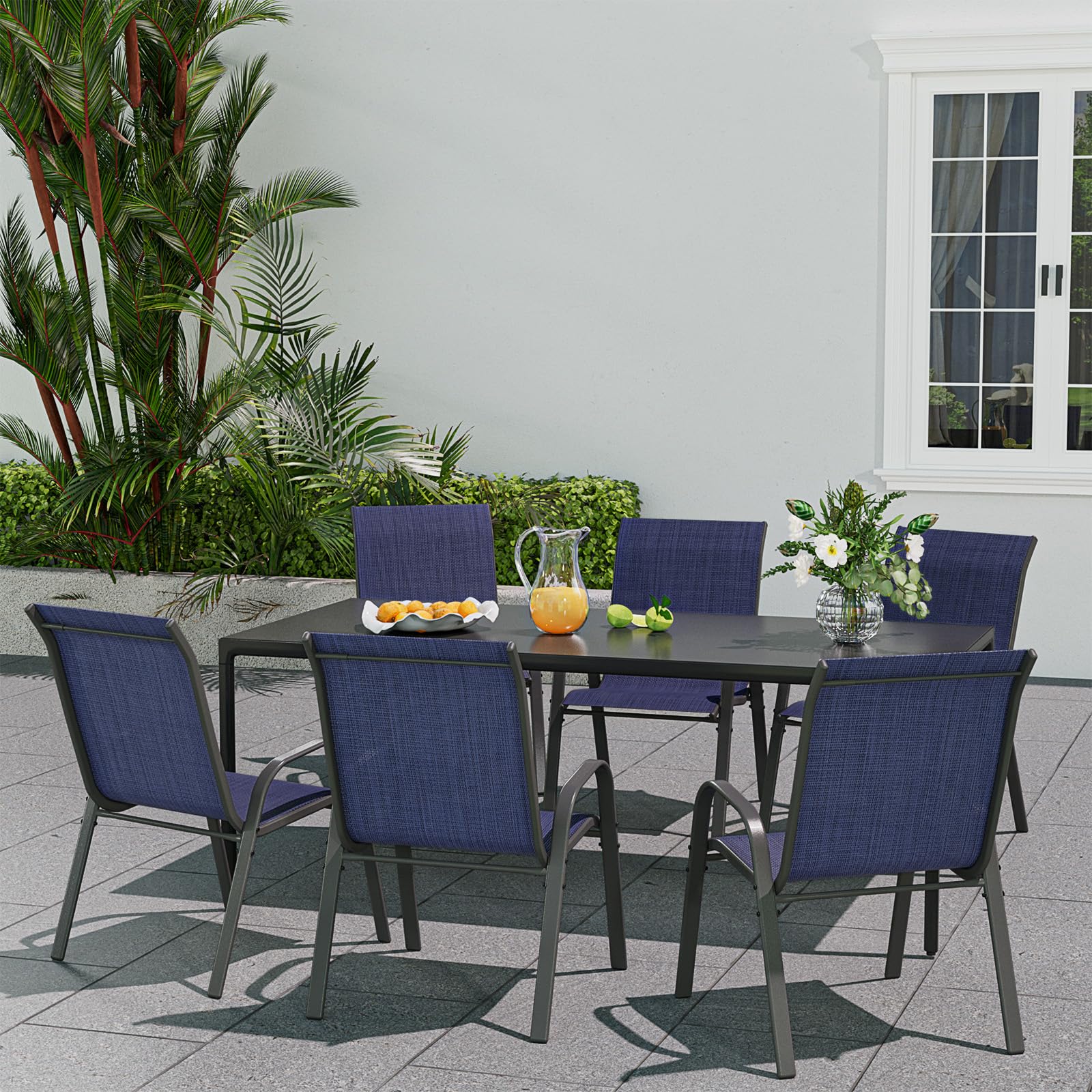 VONZOY Patio Dining Chairs Set of 6, Outdoor High Stacking Chairs,Breathable Seat Fabric and Alloy Steel Frame for Backyard, Porch, Garden, Sunroom (Blue)