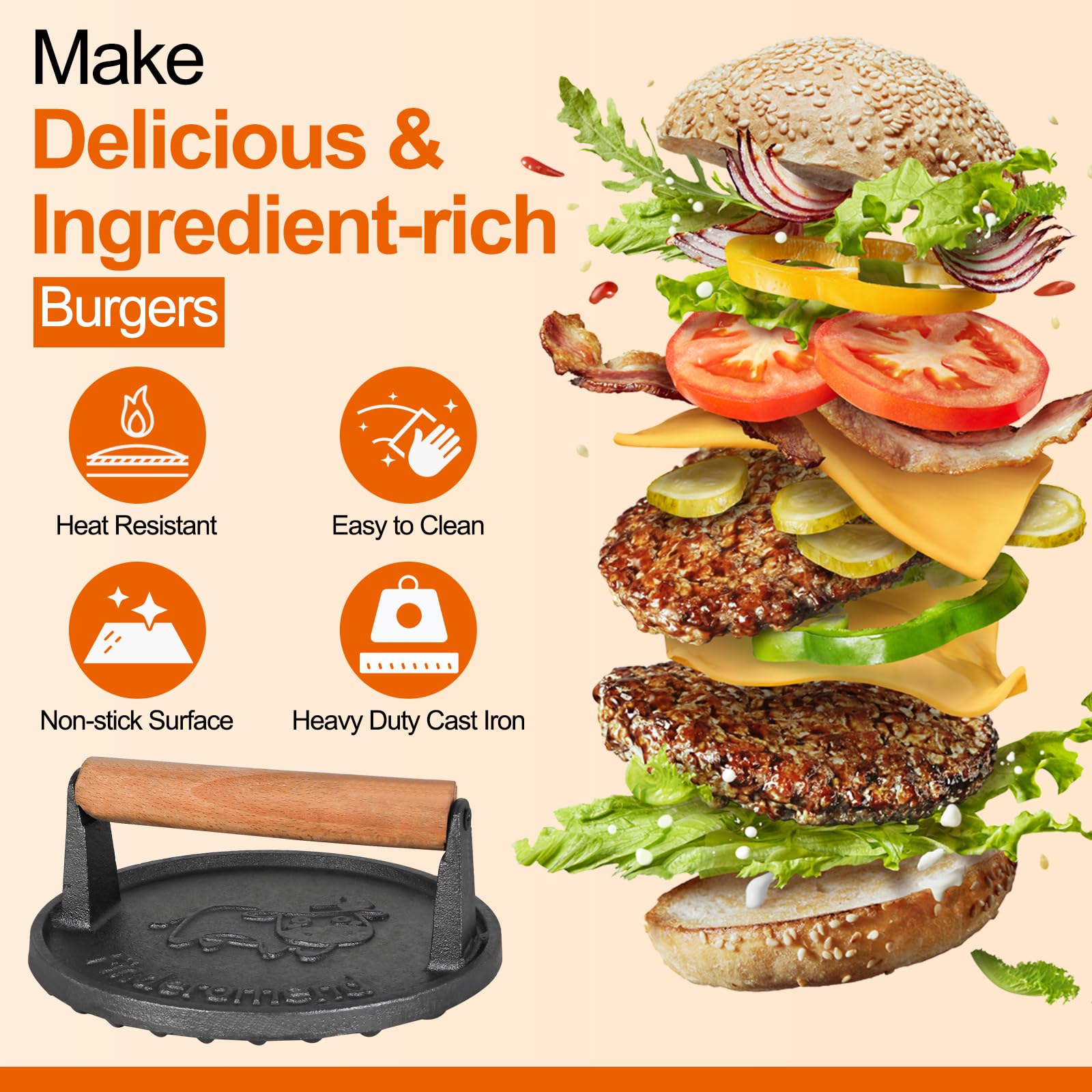 Finderomend Hamburger Press,Cast Iron Grill Press,Heavy Duty Smash Meat,Bacon,Steak & Burger Press with Wooden Handle for Blackstone Pitboss Weber Treager Griddle (Calf-Round 3)