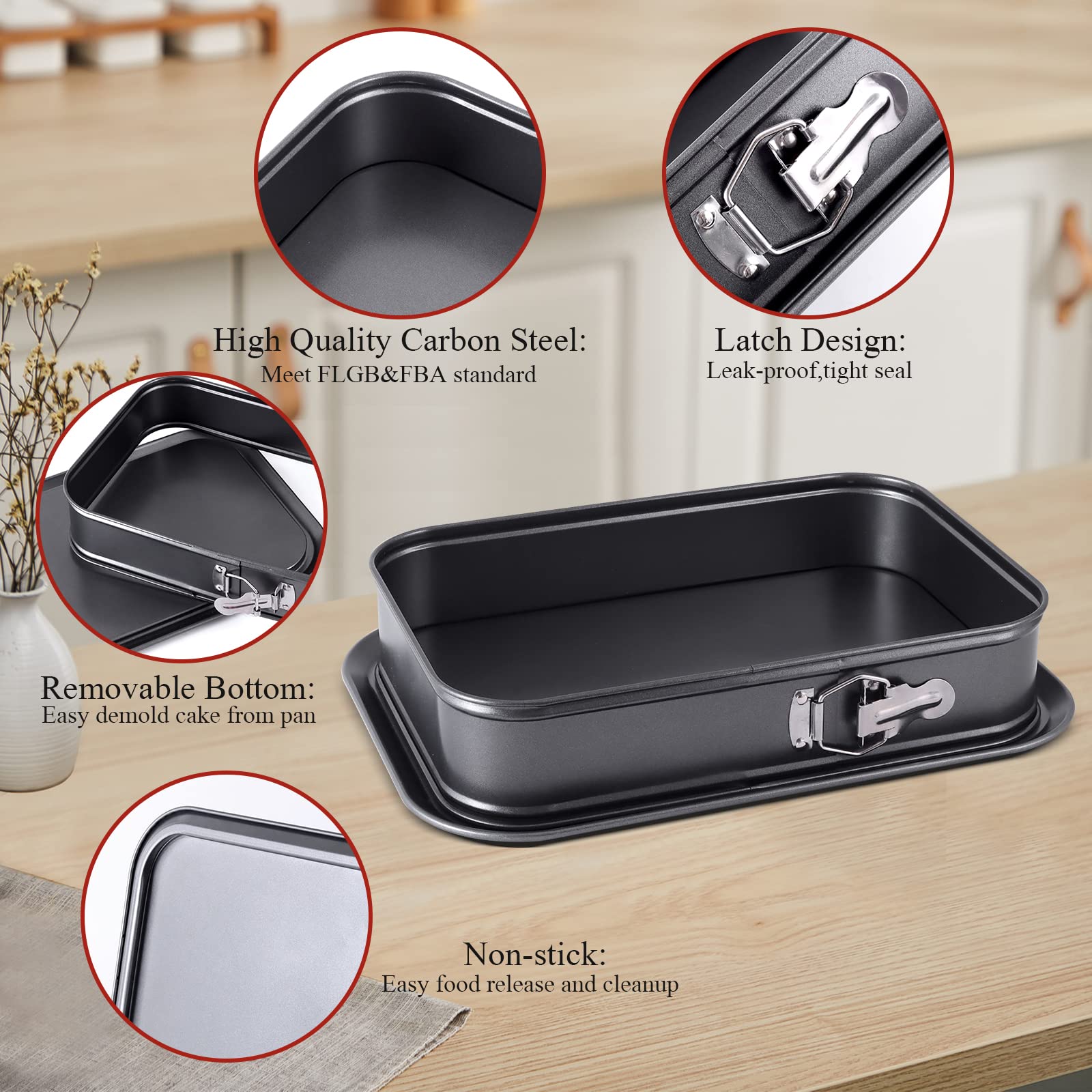 Kenond Large Springform Cake Pan, 14 x 11-Inch Rectangle Cheesecake Pan, Tiramisu Bakeware with 50Pcs Wax Paper, 3Pcs Spatula Set, Non-Stick Baking Pan Mold Leakproof