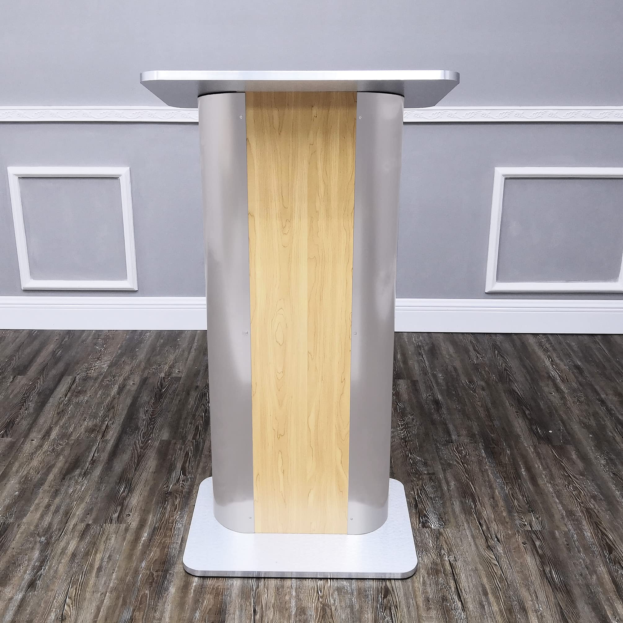 FixtureDisplays® 49"H Maple Melamine Podium Pulpit Lectern with Curved Brushed Stainless Steel Sides 19629