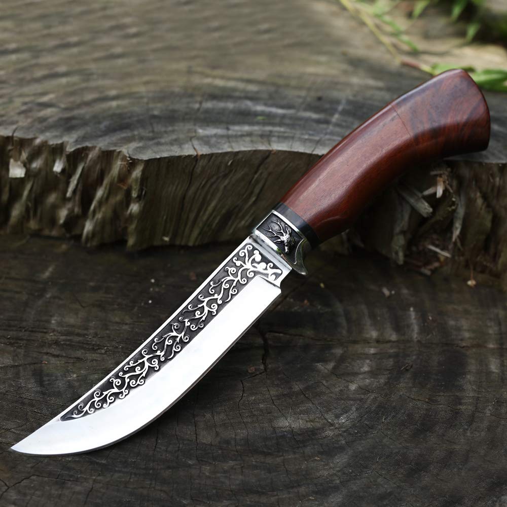 FU-GLBY 11" Fixed Blade Knife with leather sheaath classical embossed blade hunting knife wood handle Survival knife