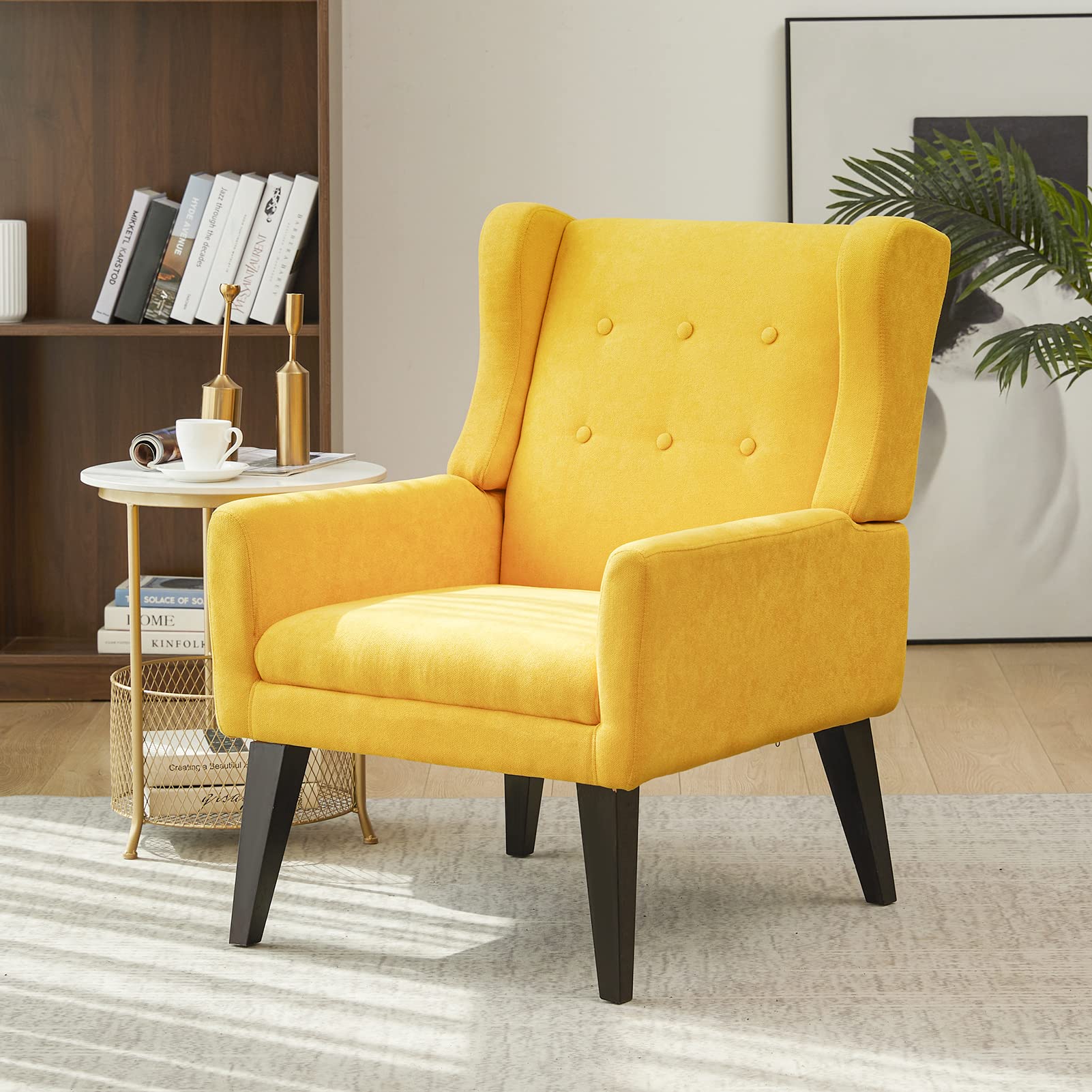 ELUCHANG Upholstered Accent Chair,Mid Century Modern Fabric Armchair,Comfy Wingback Chairs for Living Room Bedroom(2PCS,Yellow)
