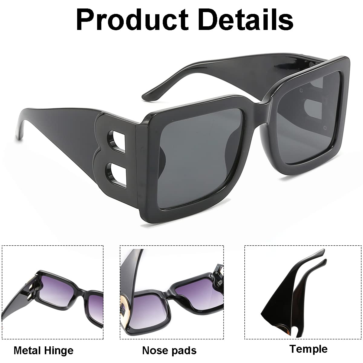 JOVAKIT Trendy Oversized Square Sunglasses for Women Men Fashion Black Thick Large Frame Luxury Designer Sun Glasses (Black&Black/Grey)