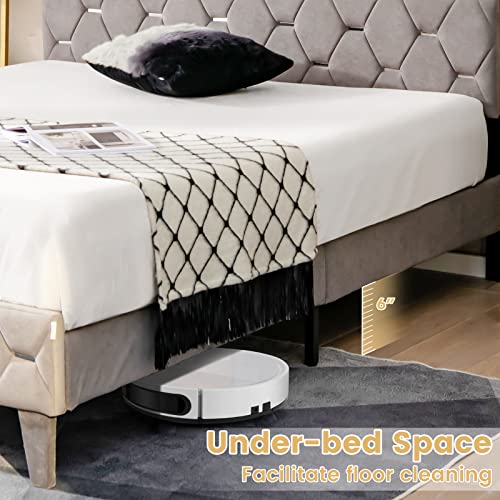 KOMFOTT Upholstered Queen Bed Frame with Storage Headboard, Platform Bed Frame with Open Shelves & Hidden Storage Space, Mattress Foundation with Plywood Slat Support, No Box Spring Needed