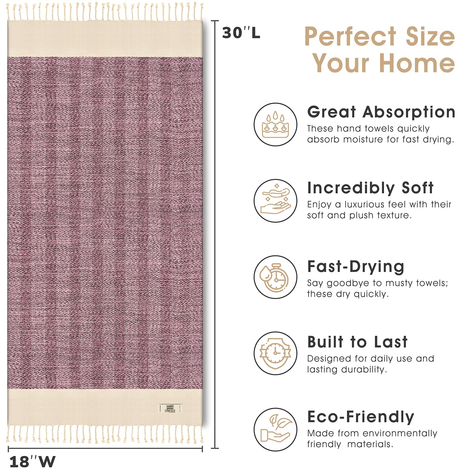 EPHESUS TOWELS Hand Towels - Set of 2 | 18" x 30" - Decorative Turkish Hand Towel for Bathroom, Kitchen, Guest, Face, Hair, Tea, Dishcloth (Herringbone, Pink)