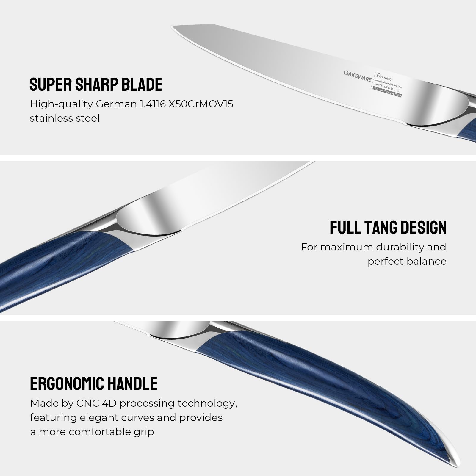 OAKSWARE Non Serrated Steak Knives Set of 8, 5 Inch German High Carbon Steel Steak Knife for Kitchen, Sharp Knives with Full-Tang Ergonomic Handle, Rust Resistant & Easy to Maintain, Blue