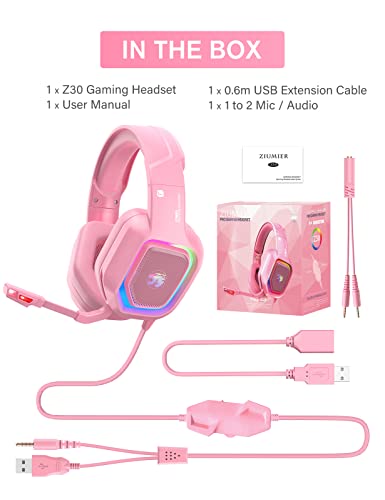 ZIUMIER Z30 Pink Gaming Headset for PS4, PS5, Xbox One, PC, Wired Over-Ear Headphone with Noise Canceling Microphone, LED Flowing RGB Light, 7.1 Surround Sound,Comfortable Earmuffs